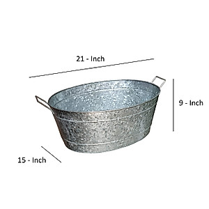 Benjara BM195212 9 x 15 x 21 in. Embossed Design Oval Shape Galvanized Steel Tub with Side Handles, Silver - Small