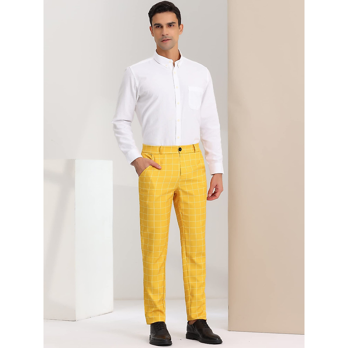 Lars Amadeus Men's Yellow Dress Plaid Pants Flat Front Printed Business Check Trousers 28 Yellow
