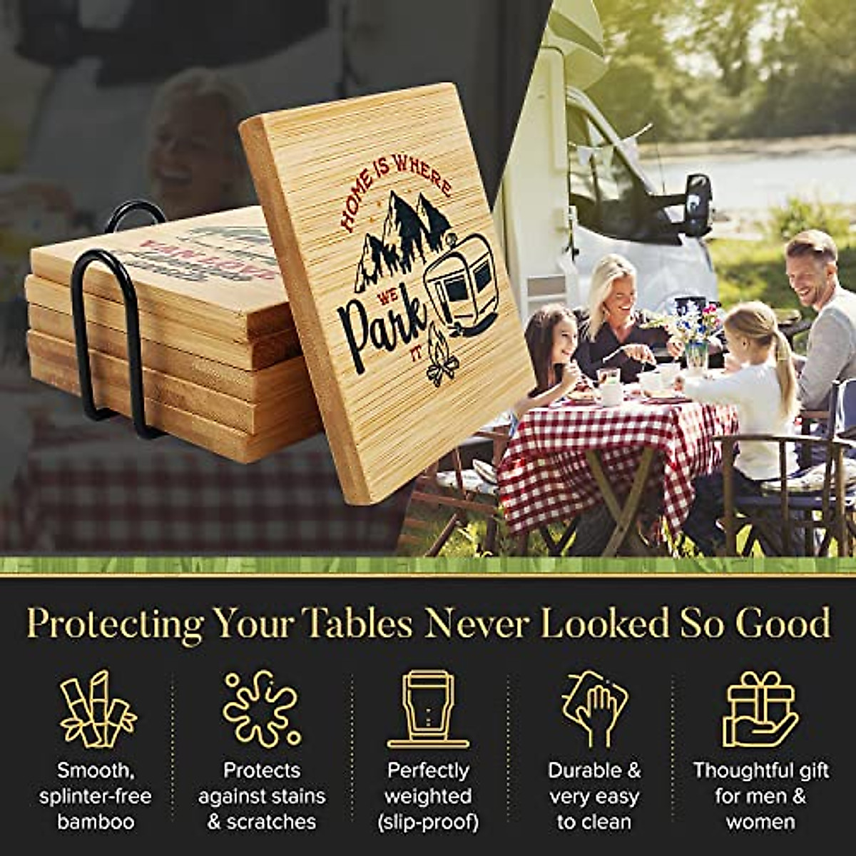 Haigoo Camping Coasters Set of 6, Happy Camper Bamboo Coaster with Holder, RV Lover Gifts Square Drink Coasters Suitable for Various Cups,Friends Home Bar RV Decor Camp Coasters