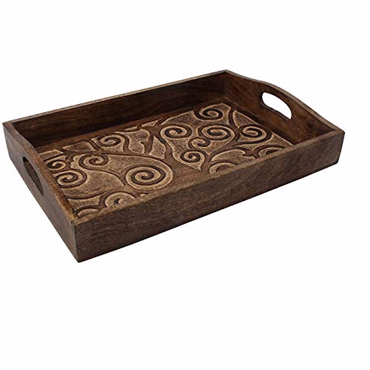 SUNDERSHALA Wooden Decorative Serving Tray, Wooden Tray with Handles Natural Finish, Great for Dinner Trays, Tea Tray, Bar Tray, Breakfast Tray - Hand Carving Creates a Truly Unique Furnishing Accent