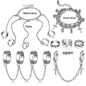 IFKM Vintage Silver Chain Finger Rings Bracelet, Gothic Punk Emo Cross Cool Simple Rings, Adjustable Statement Stackable Rings For Wen Women