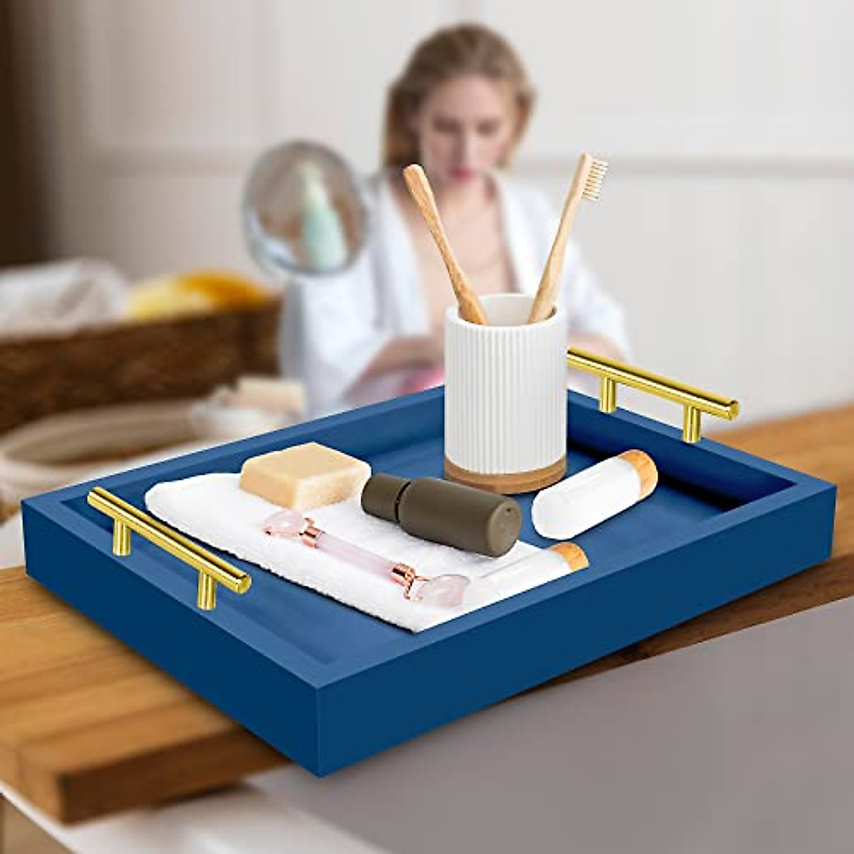 JollyCaper - Coffee Table Tray - with Metal Handles for Serving, Home Decor, Bathroom, Ottoman Design, Wooden Tray 16x12in (Navy Blue)