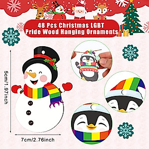 Soaoo 48 Pcs Christmas LGBT Pride Wood Hanging Ornaments Rainbow Pendant LGBTQ Ornaments Gay Pride Wooden Holiday Decorations Rainbow Slices Tags for Pride Party Christmas Tree Decor, 12 Styles