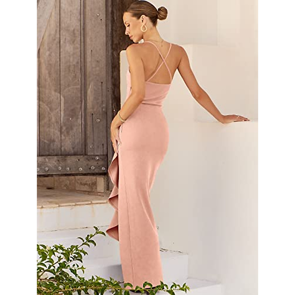 ANRABESS Women's Spaghetti Strap High Slit Bodycon Wedding Guest Dress Semi Formal Dresses A860-qianfen-S Light Pink