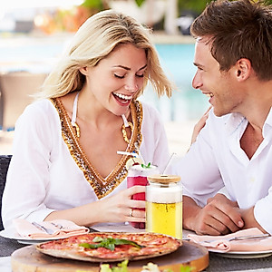 Hoteelee Drinking Glasses with Bamboo Lids and Glass Straw,4pcs Set,16.9 oz Can Shape Beer Glasses Cup,Iced Coffee Glass Jar,Cute Tumbler Cup,Soda,Iced Tea,Goblet Cup,Ideal for,Cocktail,Whiskey,Wine