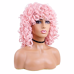 AIDUSA Short Loose Curly Wigs Big Curly Wig With Bangs Afro Wig for Black Women Fluffy Curly Pink Synthetic Wigs Black Women Wig Half Wigs for White Women Wavy Natural Wigs (Pink)