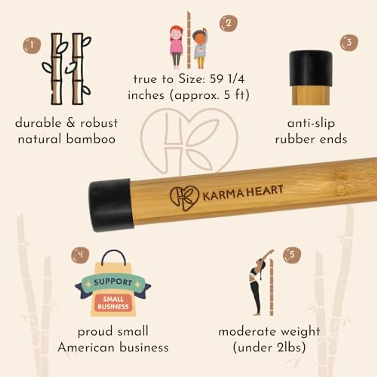 Karma Heart Yoga Stick - Stretch Bar - Natural Bamboo 5ft Mobility Stick for Strength and Flexibility - Versatile and Durable Posture Stick - Stretch Stick Mobility Expansion - Exercise Stick