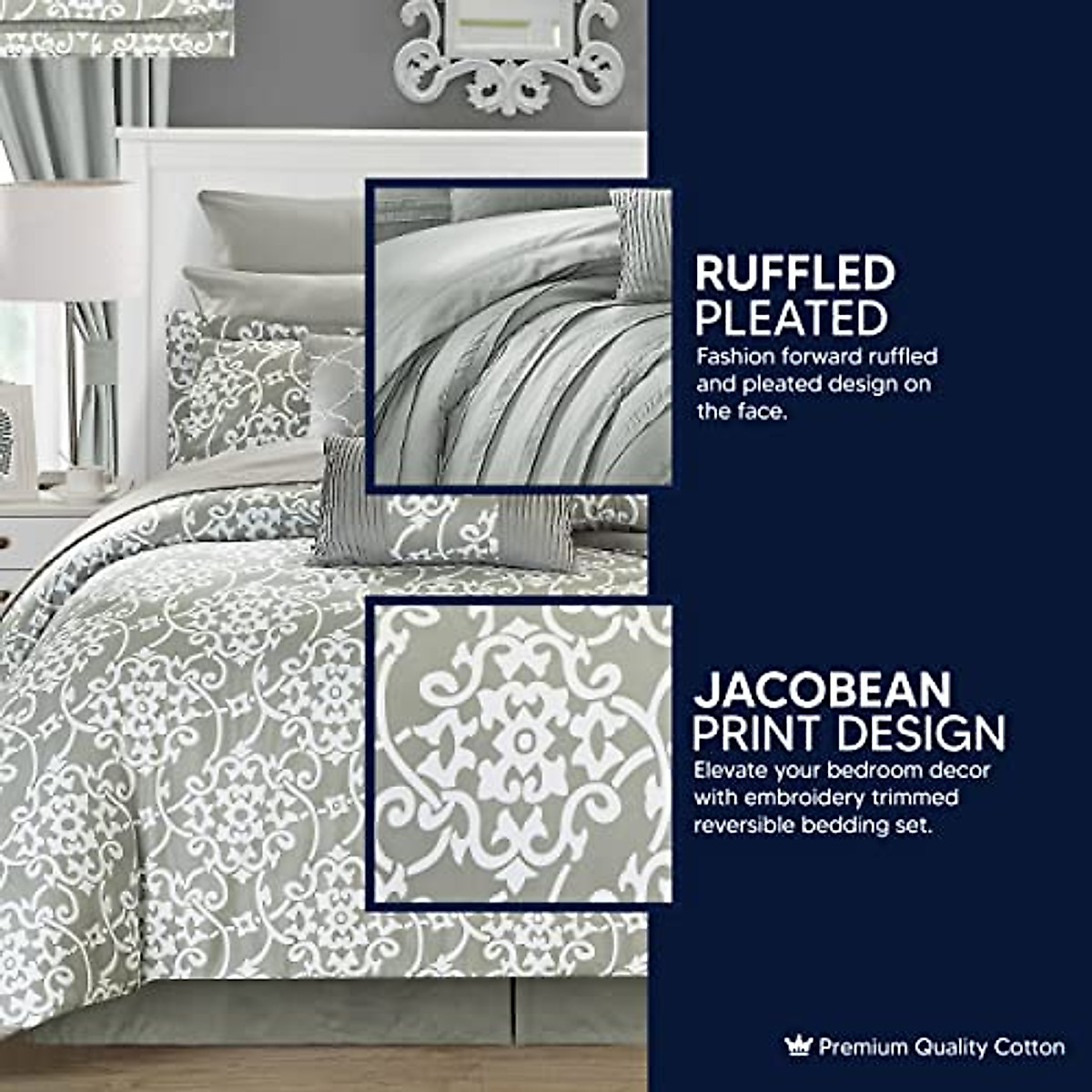 Chic Home Hailee 24 Piece Comforter Set Complete Bed in a Bag Pleated Ruffles and Reversible Print with Sheet Set and Window Treatment, Queen Silver,CS1966-AN