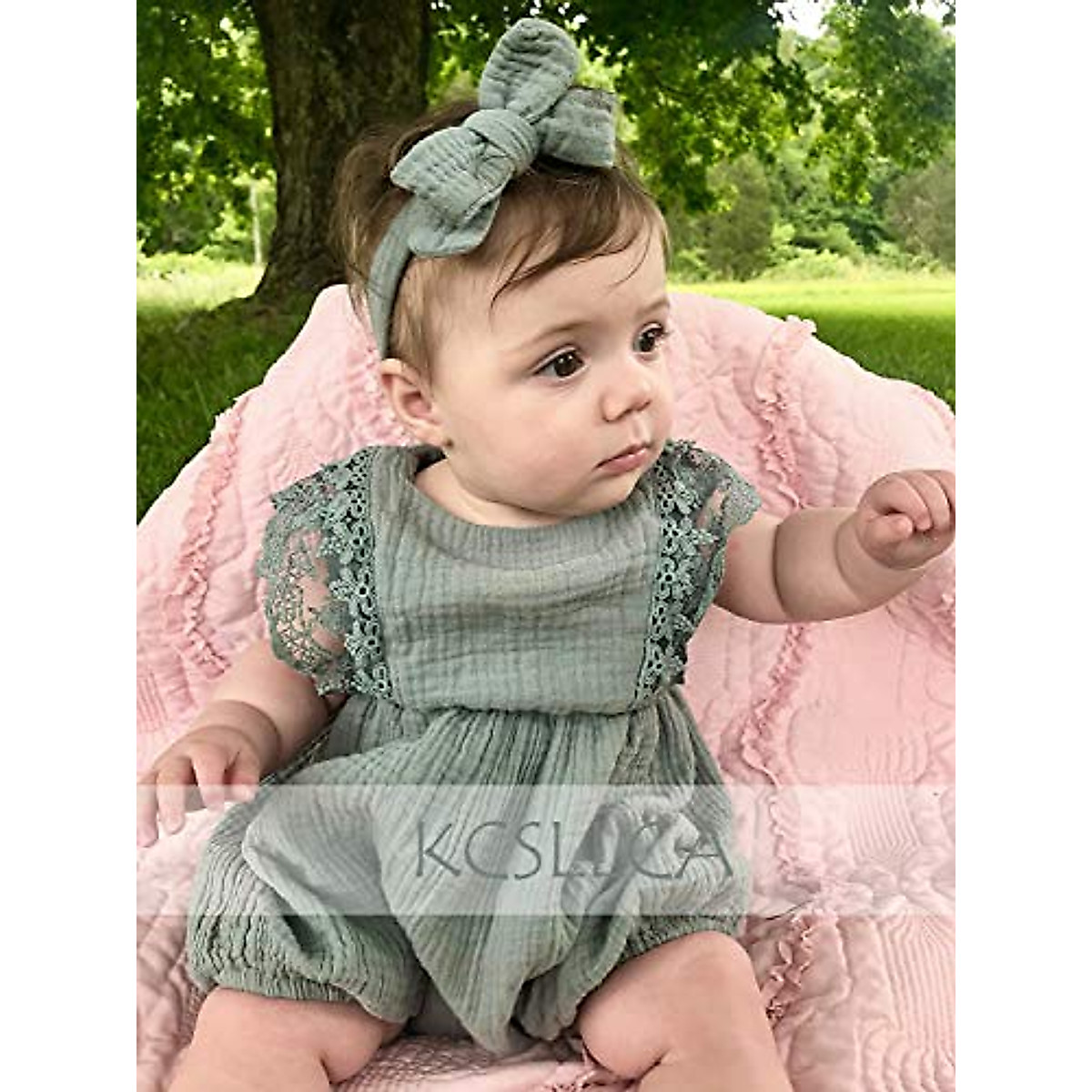 KCSLLCA Baby Girls Lace Romper Set Ruffle Sleeve Solid Color Onesie with Headband (Pea Green, 6-9 Months)