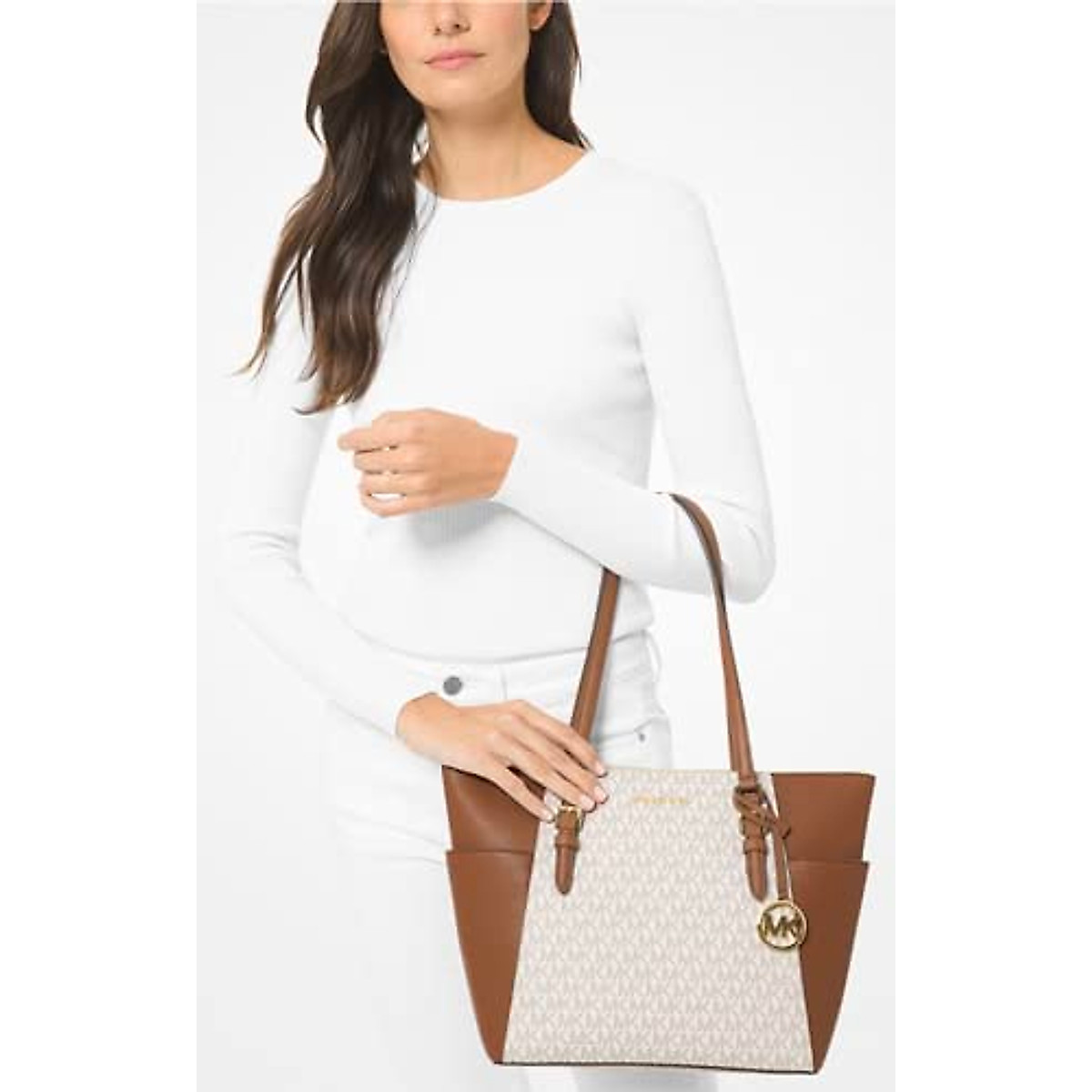 Michael Kors Charlotte Signature Large Top Zip Tote, Shoulder Bag bundle with XL Dust Bag Vanilla