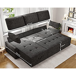 PaPaJet Pull Out Sofa Bed, Modern Tufted Convertible Sleeper Sofa, L Shaped Sofa Couch with Storage Chaise, Chenille Sectional Couch Bed for Living Room (Dark Grey)