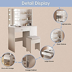 Makeup Vanity with Lights, Vanity Desk with Mirror and Lights Set, Large Drawer and Two-Tier Lots Storage Cabinet Dresser, 3 Lighting Modes Adjustable Brightness, Makeup Table for Bedroom, White