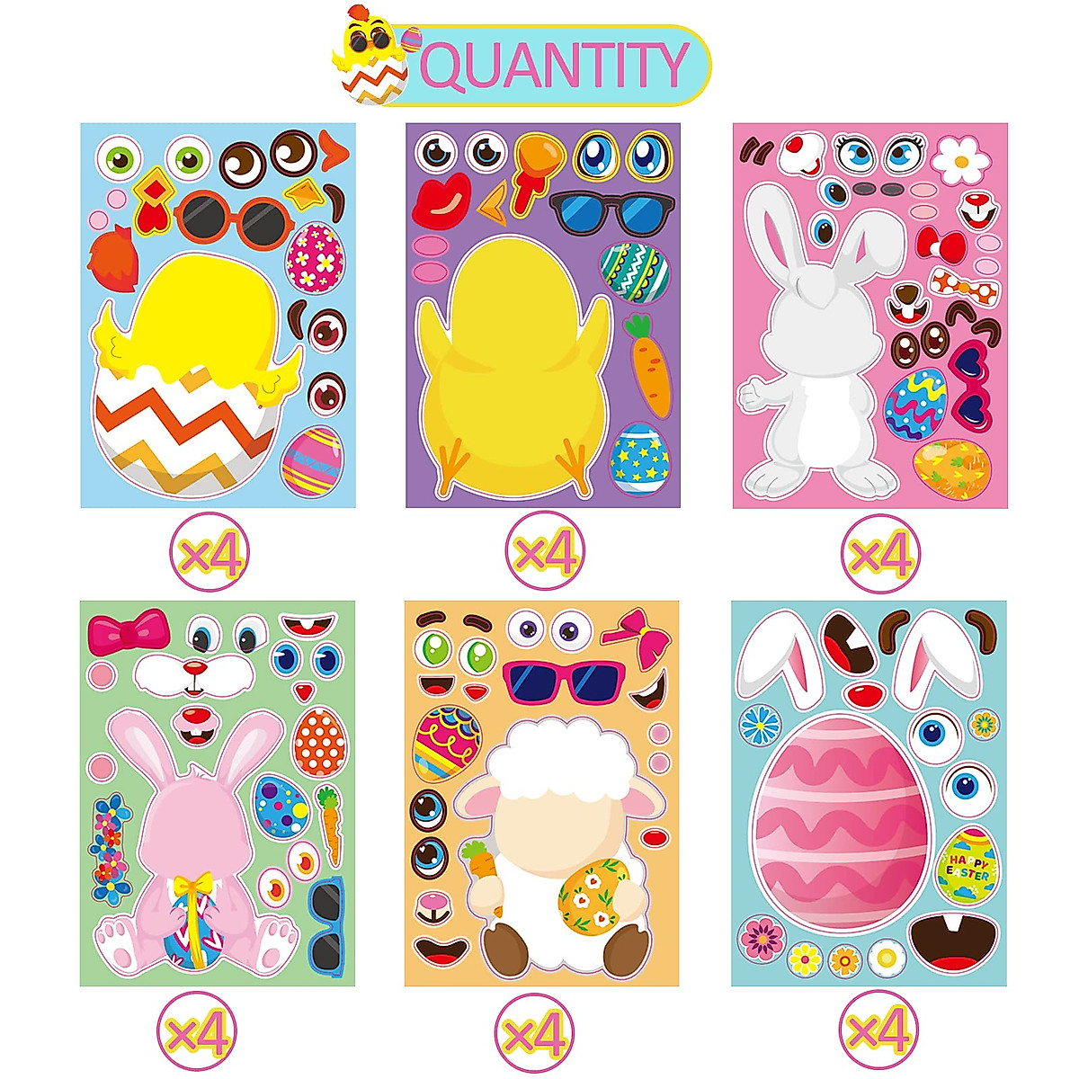 YNERHAI 24sheets Easter Stickers Gifts for Kids, Easter Craft Kids Toys Can Make Own Face Easter Bunny Sheep Rabbit Colored Egg Chicks for Child Boys Girls School Game Activities Party Favor Supplies