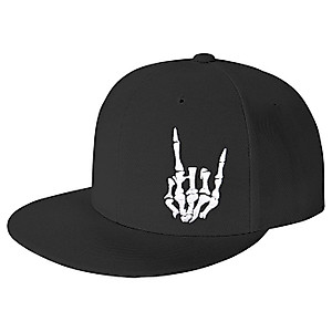 Skeleton Hand Hat, Embroidery Skull Finger Flat Brim Bill Baseball Cap Plain Adjustable Snapback Hats Black