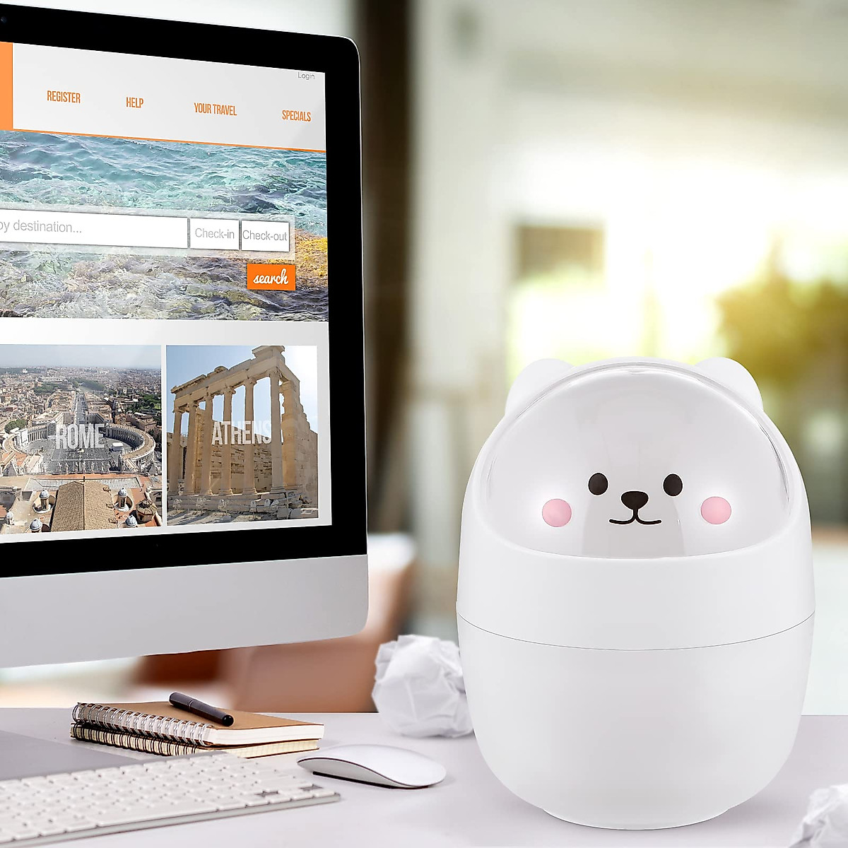 Veemoon Desktop Mini Trash Bin with Shake Lid Cute Trash Can Countertop Garbage Storage Bucket Wastebaskets Small Waste Bin for Desk Car Office Kitchen- White