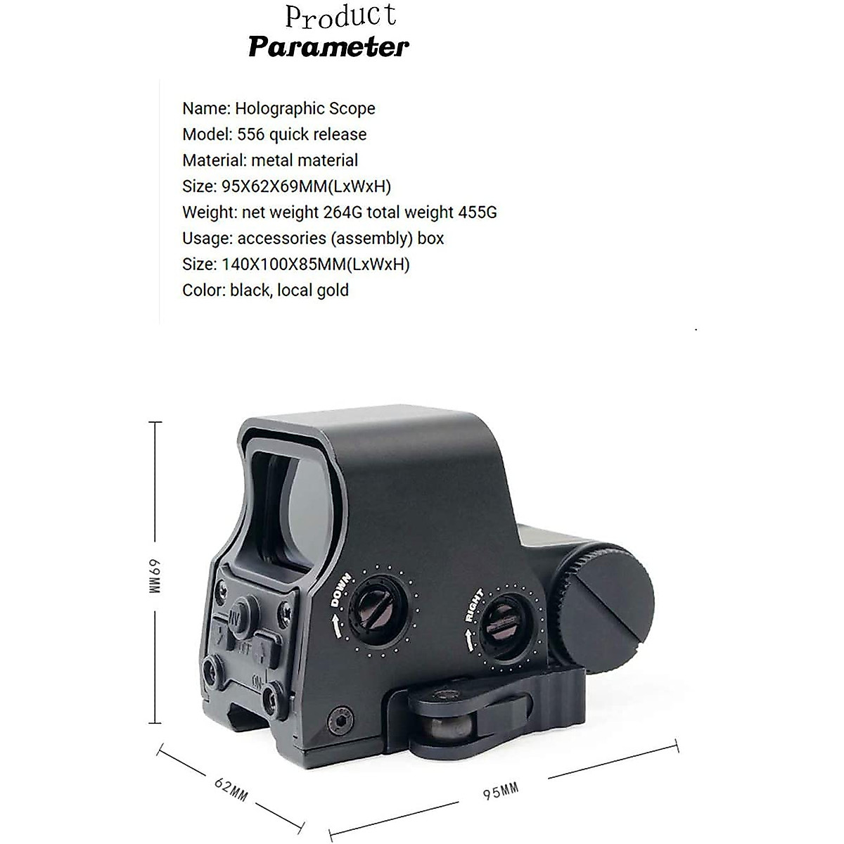E-Tactical 556 Quick Installation and disassembly Replica Metal Holographic RED/Green Dot Sight Scope