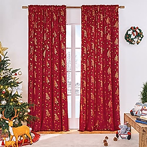 Topfinel Red Foil Print Velvet Curtains for Living Room and Bedroom - Thermal Insulated Blackout Curtains, Noise Reducing Window Drapes,Christmas and Party Decorations 52 x 108 Inches Long, 2 Panels