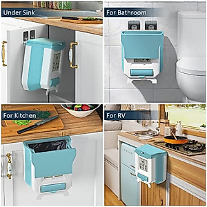 HI NINGER Small Trash Can with Lid, 2.4 Gallon Capacity, Blue/White Color, Plastic Material, Hanging Design, Ideal for Kitchen, Bathroom, RV, Camping