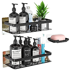 Atictek Shower Caddy Shelf, Black Adhesive Shower Organizer, No Drilling Wall Mounted Shower Rack with Soap Dish, Rustproof Shower Shelves for Bathroom, Toilet, Kitchen - 2 Pack