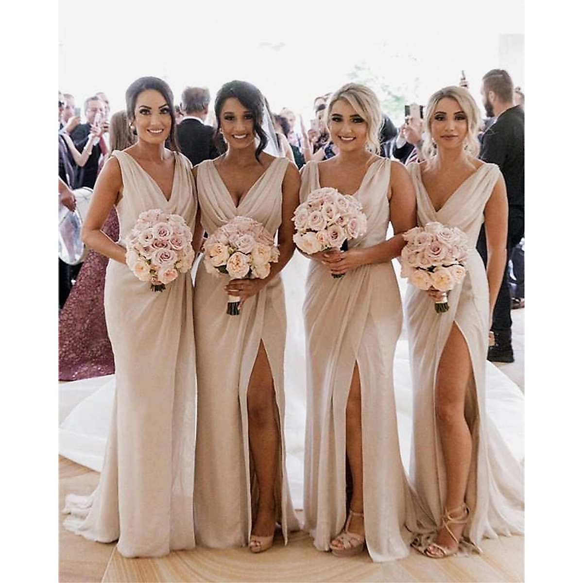Women's V Neck Chiffon Bridesmaid Dresses with Slit Long Mermaid Formal Party Dresses Ruched Prom Dress Wisteria Size 14
