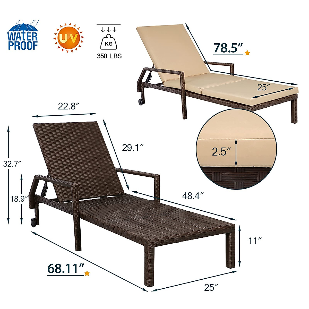 AECOJOY Outdoor Lounge Chairs Set of 2, Outdoor Chaise Lounge with Thickened Cushion and Adjustable Backrest for Poolside Backyard Deck Porch Garden, Brown Rattan with Beige Cushion