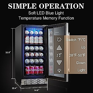 Beverage Refrigerator, Phiestina15 inch 96 Cans Built-in or Freestanding Beverage Cooler Mini Fridge with Auto Defrost,Glass Door & 6 Removable Shelves for Home Bar Office