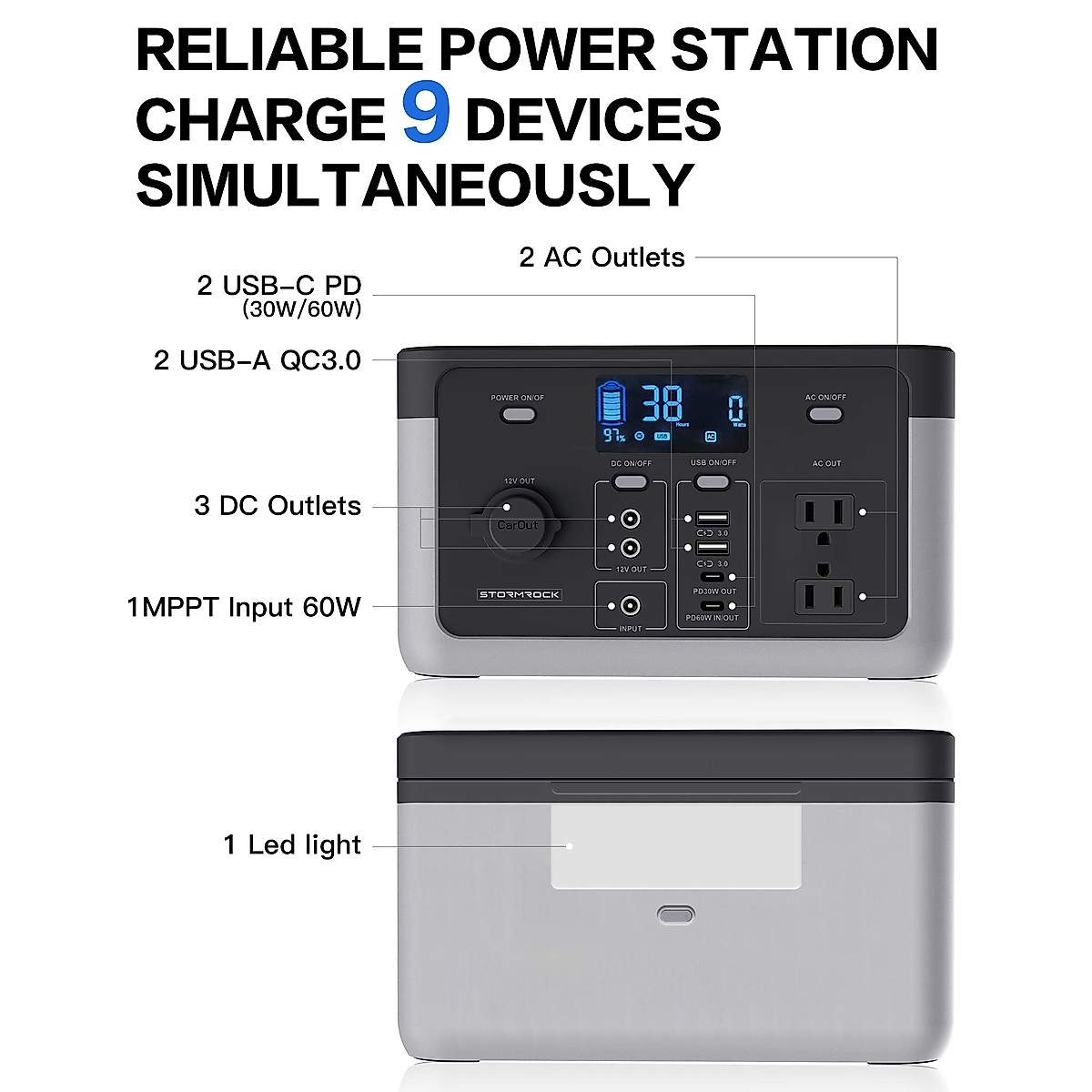 STORMROCK Portable Power Station,110V/300W Pure Sine Wave AC Outlet,294.4Wh Solar Generator with LiFePO4 Lithium Battery, LED Light for Outdoor Camping Travel Hunting Blackout,Silver