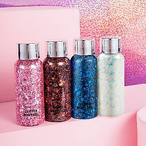 Body Glitter Gel Set 4 Colors Sequins Chunky Glitter Gel Colorful Eyeshadow Glitter Holographic Body Gel for Festival Party Face Makeup Hair Nails Eye Cosmetic Lips Shimmer Pink, Blue, White