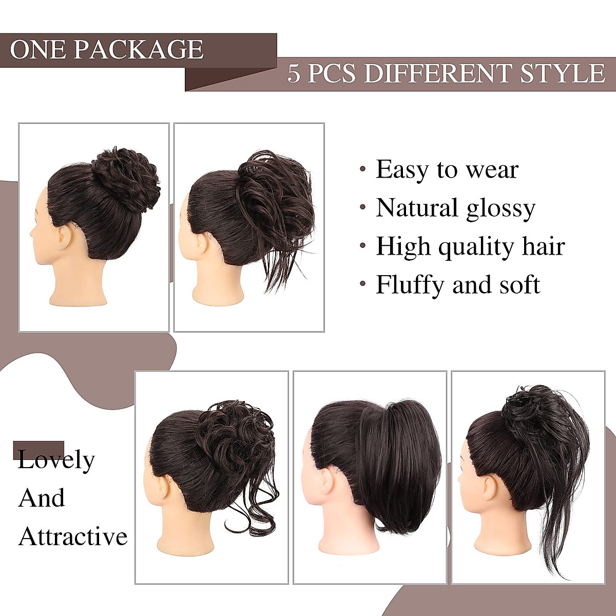 HMD 5 Pieces Messy Hair Bun Hairpiece Tousled Updo for Women Hair Extension Ponytail Scrunchies with Elastic Rubber Band Long Updo Messy Hairpiece Hair Accessories Set for Women (6A)