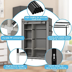 Calmootey Closet Storage Organizer,Portable Wardrobe with 6 Shelves and Clothes Rod,Non-Woven Fabric Cover with 4 Side Pockets,Grey