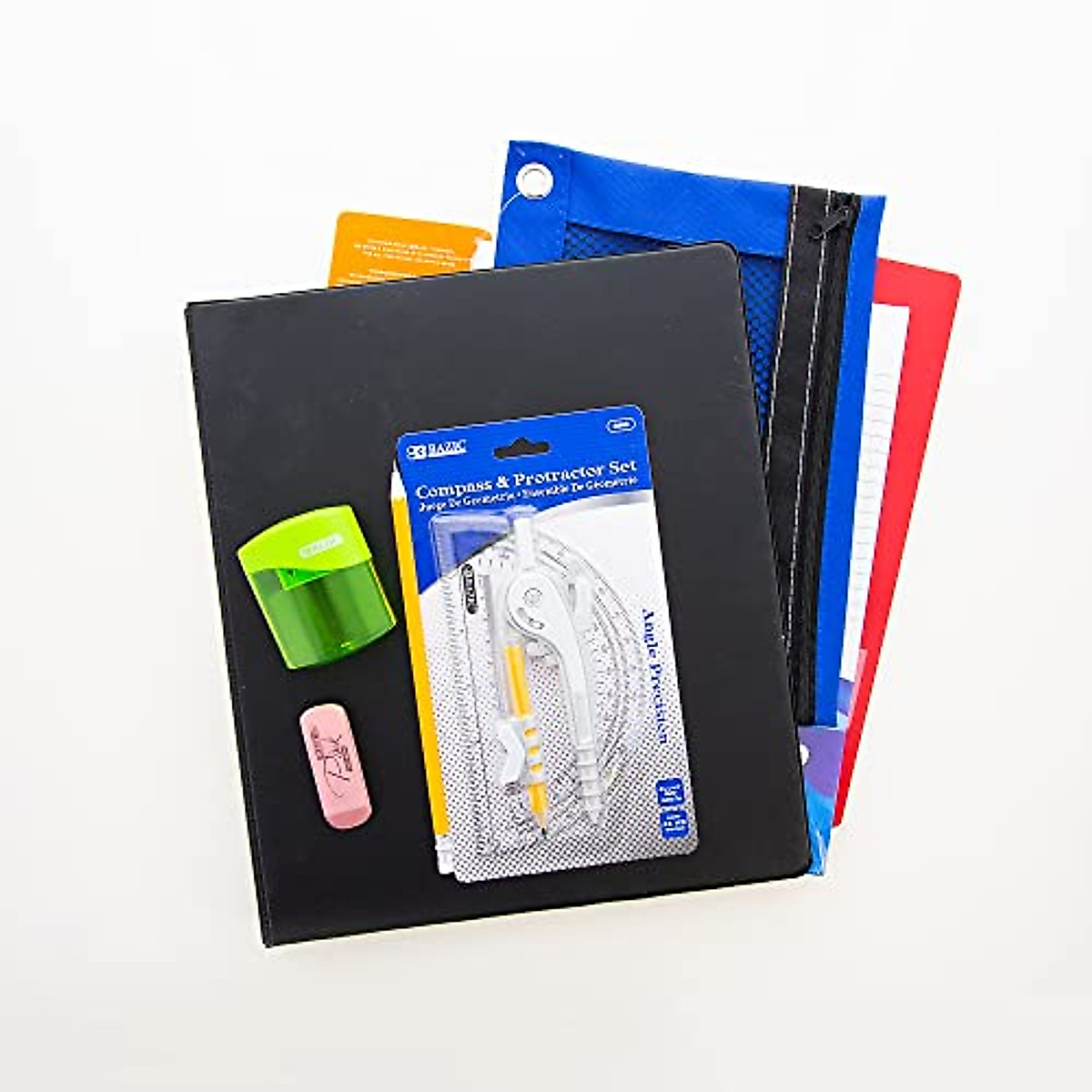 BAZIC Middle High School Kit Supply Box 65 Count for Student 7-12 Grades, Composition Book Compass, COLOR MAY VARY, 1-Pack