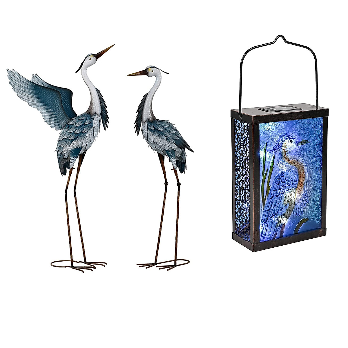 TERESA'S COLLECTIONS Solar Lantern and Metal Heron Decor Bundle(2PCS) | Blue Heron Outdoor Lantern with Solar Powered Lights and Heron Decor for Home Garden Patio Lawn Yard Decor