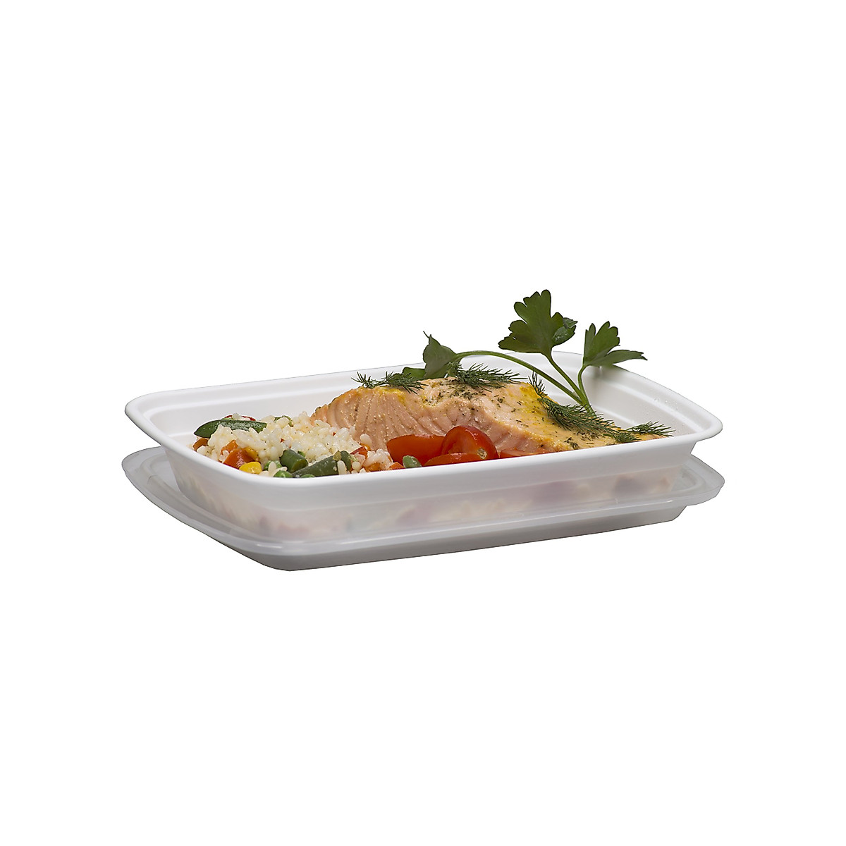SafePro 28 oz. White Rectangular Microwavable Container with Clear Lid, Bento Lunch Box, Plastic Take-Out Food Containers (Case of 50)