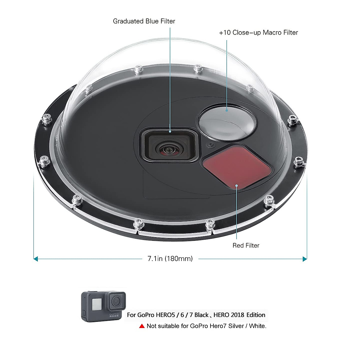 SOONSUN Waterproof Dome Port for GoPro Hero 5 Black Hero 6 Black Hero 7 Black Hero (2018) Camera, Underwater Dome Housing with Filters for GoPro Hero 5 6 7 Black, Built-in Red and 10x Close-up Filters
