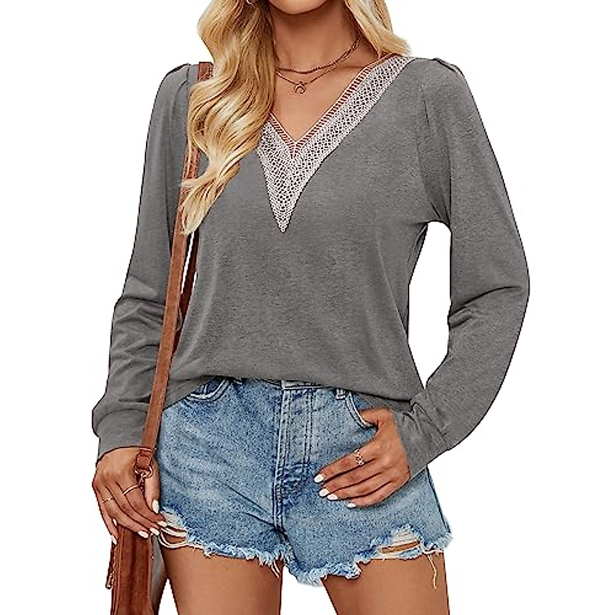ZESICA Women's 2023 Casual Long Sleeve T Shirts Lace V Neck Trendy Basic Tops Summer Fall Tee Blouse,Grey,Large