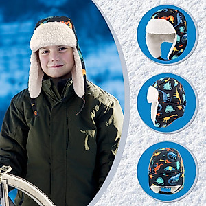 Winter Trapper Hat for Boys Girls Waterproof Warm Baby Toddler Ushanka Fleece Beanie Hats for 6M-6T (Navy Dinosaur, 2-4T)