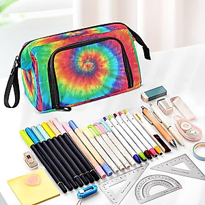 DEHOZO Portable Pencil Case Pen Bag with Zipper, Rainbow Art Tie Dye Large Pencil Pouch Pen Case Stationery Bag for Office School Student, Multifunctional Pen Box for Girl Boy Men Women