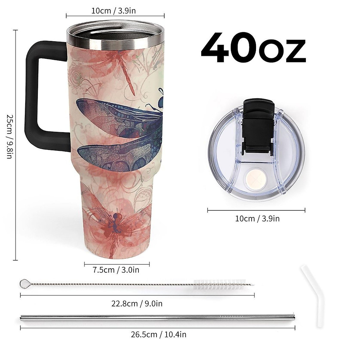 FZQVSGW Modern Dragonfly 40 Oz Tumbler with Handle And Straw Stainless Steel Vacuum Insulated Tumblers Reusable Keep Drinks Cold Coffee Cup Holder Friendly Gifts for Women Men Car Gym Travel