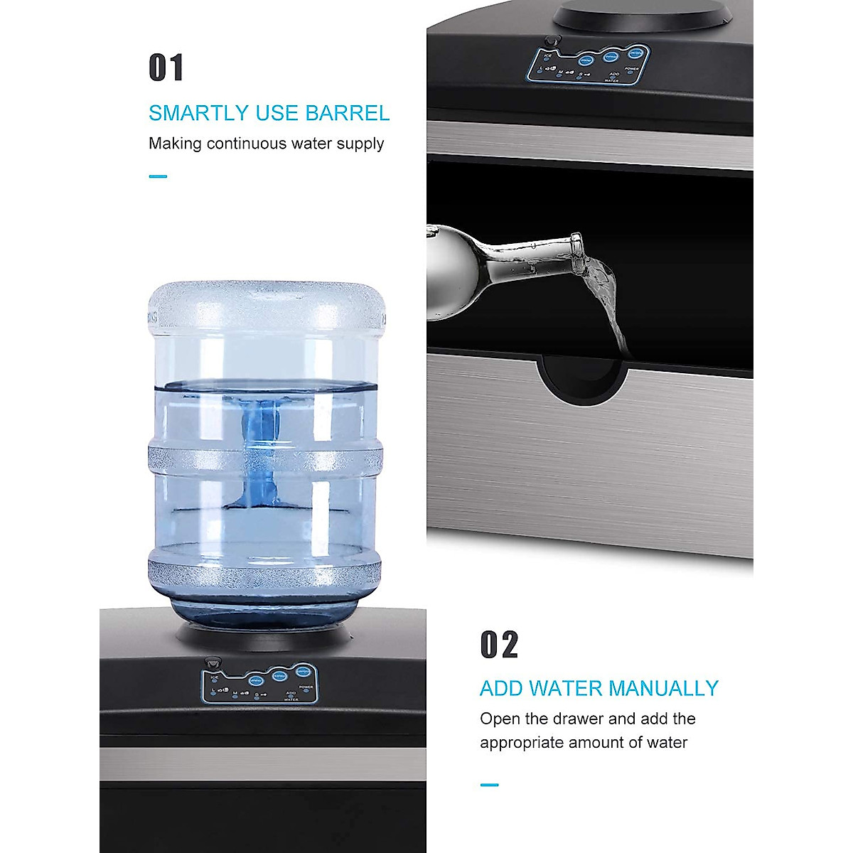 2 in 1 Ice Maker Countertop, 48LBS/24H Automatic Ice Stainless Steel Machine with Water Dispenser, ready in 8 Minutes, with Ice Scoop and 2.6 lb Ice Storage