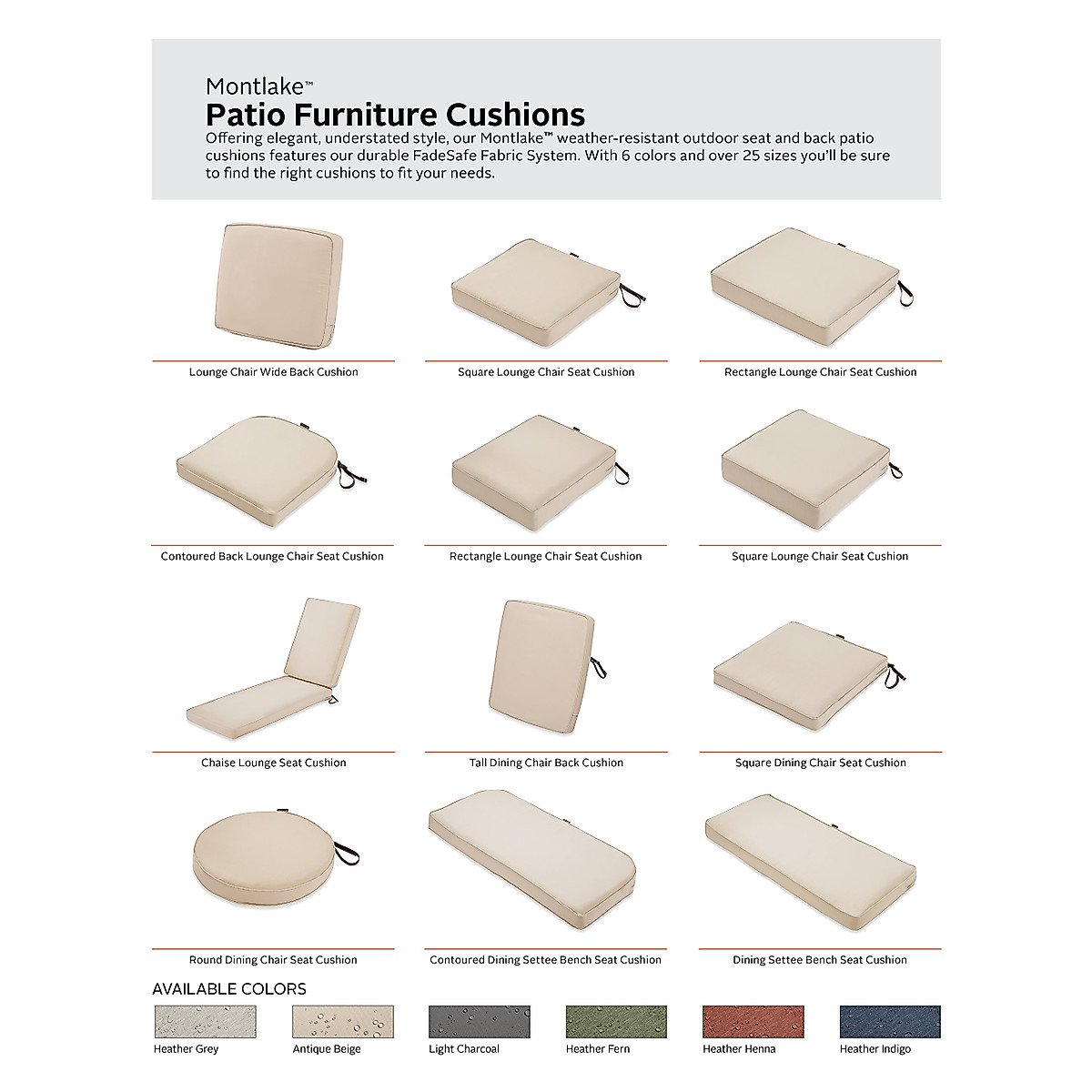 Classic Accessories Montlake FadeSafe Water-Resistant 25 x 27 x 5 Inch Rectangle Outdoor Seat Cushion Slip Cover, Patio Furniture Chair Cushion Cover, Antique Beige, Patio Furniture Cushion Covers