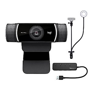 Logitech C922 Pro Stream 1080p Webcam Bundle with Webcam Stand with Selfie Ring Light and 4-Port USB 3.0 Hub (3 Items)