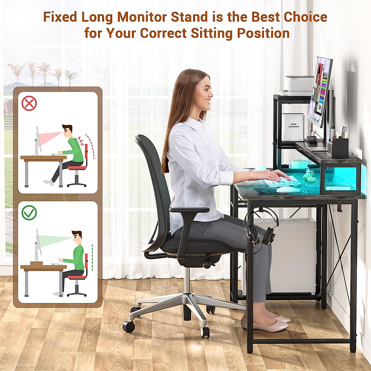 armocity 2024 Upgrade Gaming Desk with LED Lights, Small Computer Desk with Long Monitor Stand, 47.2'' Reversible Laptop Table with Storage Shelves, Small Desk for Small Spaces, Gaming Room, Grey