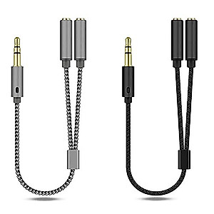 Fullbond 3.5mm 1 Male to 2 Female Ports Headphone Microphone Audio Stereo Cable Adapter Splitter Earphones Port to Speaker Adapter for Computer Silver Gray