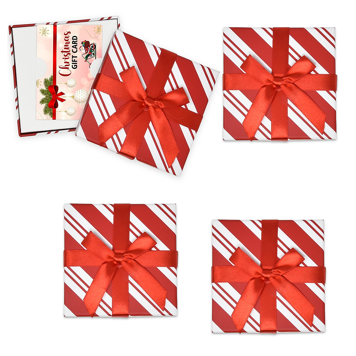 Christmas Card Gift Box Holder with Bows Pack of 6 Red & White Candy Cane Stripe Holiday Gifts Greeting Cards Present Wrap Square Boxes Cash Money Holders Party Favor Decor for Xmas Party Decorations