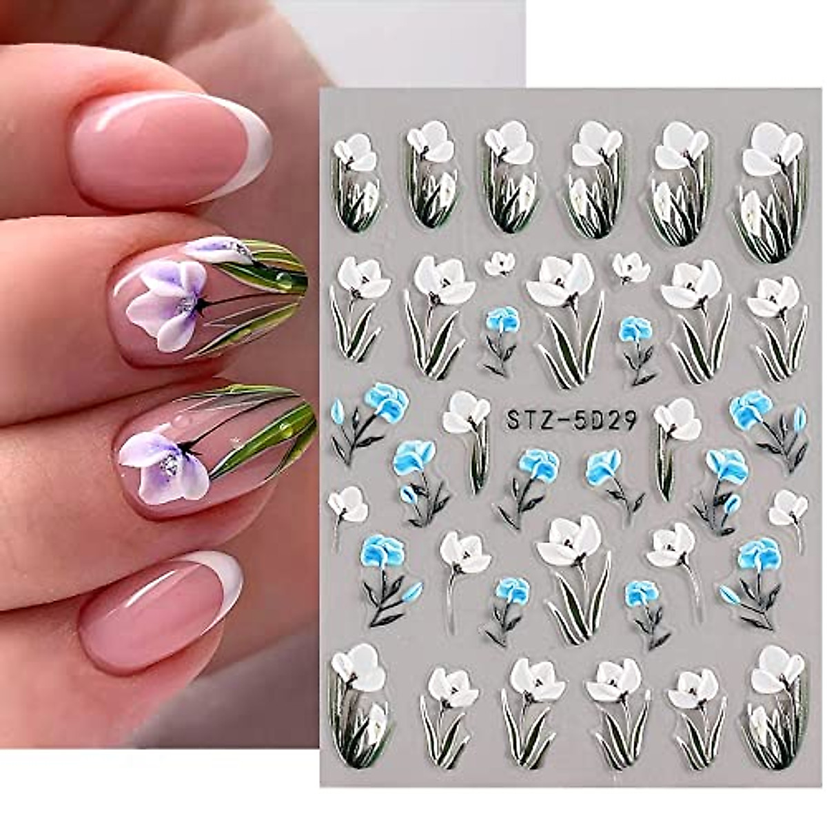 5D Embossed Flowers Nail Stickers for Acrylic Nails, 6 Sheets Engraved Flower Nail Decals Spring Summer Nail Art Accessories French Tips Nail Designs Adhesive Flower Butterfly Nail Stickers for Women