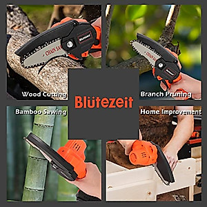 Blütezeit Mini Chainsaw Cordless, 4-Inch 21V Battery Power Chainsaw, Compact Handheld Electric Chainsaw Rechargeable for Wood Cutting, Branch Pruning, Tree Trimming (2 Batteries & 2 Chains Included)