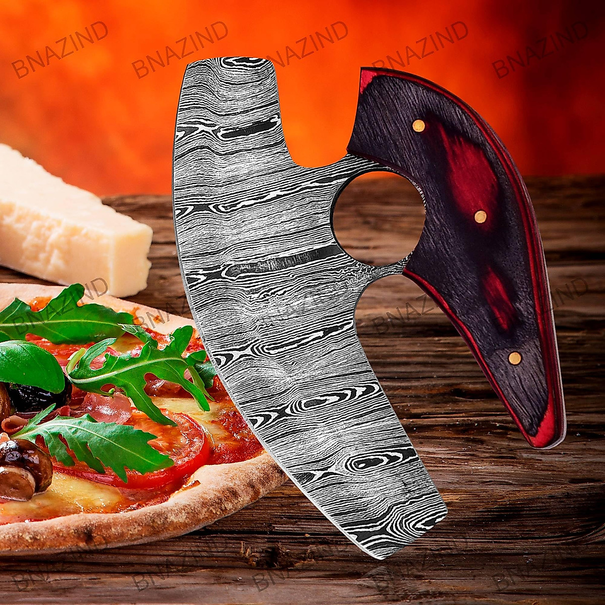BNAZIND Damascus Alaskan Ulu Knife Pizza Cutter Rocker Knife - Multi-Purpose Damascus Knives For Skinning, Hunting, Chopping knife with Sheath, Damascus Steel Chef Knives
