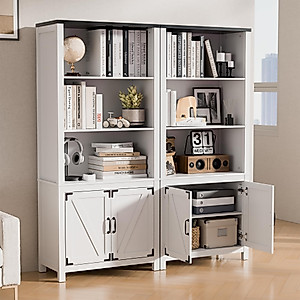 SunsGrove Farmhouse Bookcase with Doors, 5 Tier Large Bookshelf with Storage, Adjustable Shelves & Barn Doors, White 70" Tall Bookshelf for Home Office, Living Room