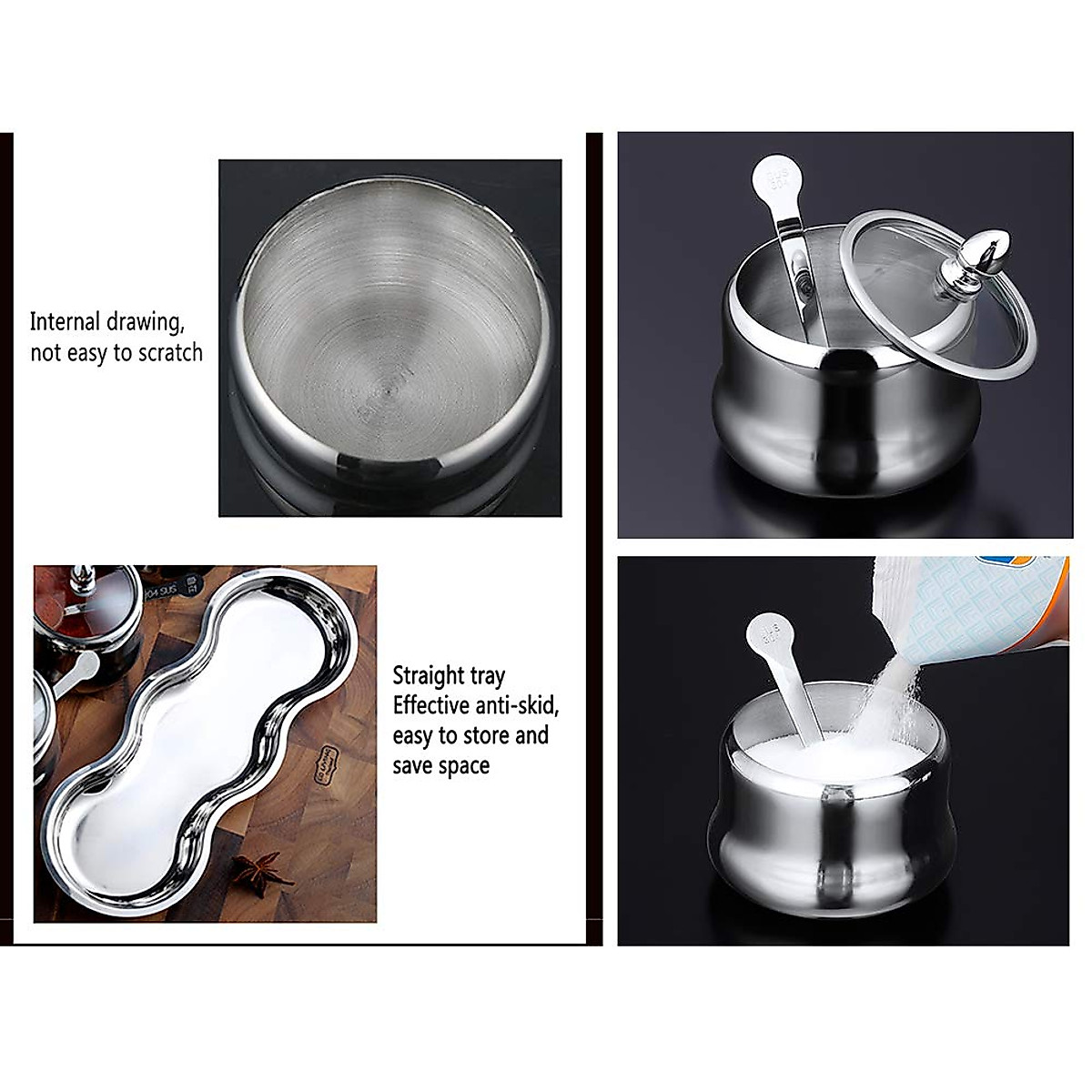 TENTA TENTA KITCHEN Gourmet Seasoning Box with Serving Spoons, Spice Jar Set Condiment Cruet Bottle, Kitchen Supplies,Nice Design for Kitchen (Stainless Steel With Glass Lids)