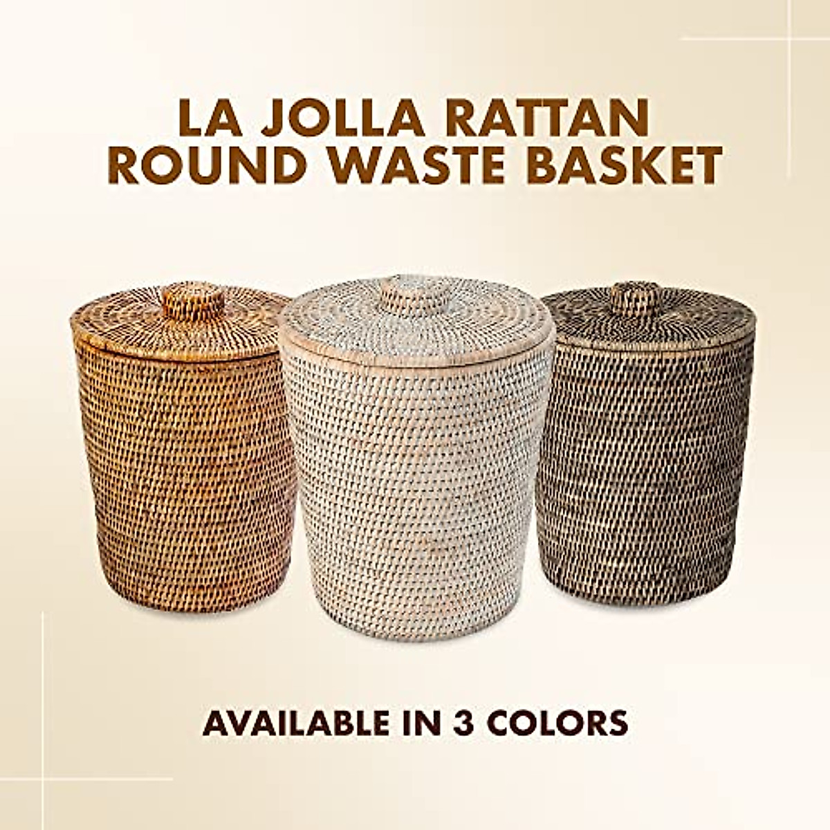 Kouboo La Jolla Rattan Round Waste Basket with Lid & Plastic Insert, 2 Gallon Woven Wastebasket & Home Decor, Honey Brown & 1030055 La Jolla Rattan Square Tissue Box Cover, 5.5" x 5.5" x 5.75"